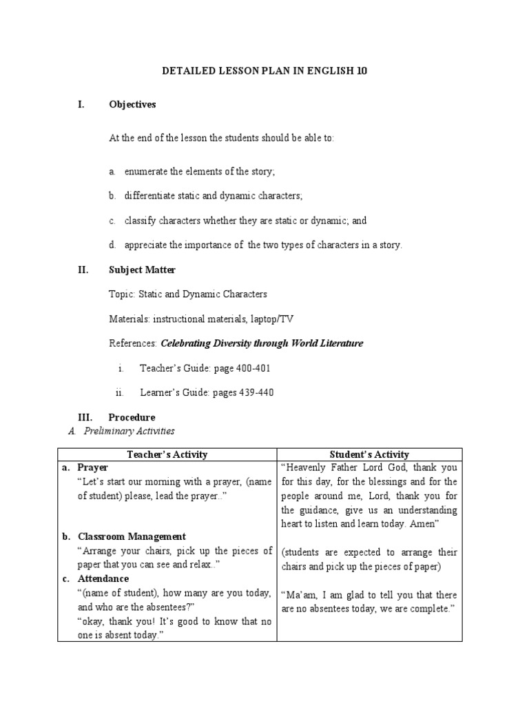 Detailed Lesson Plan in English 10 I. Objectives: A. Preliminary ...