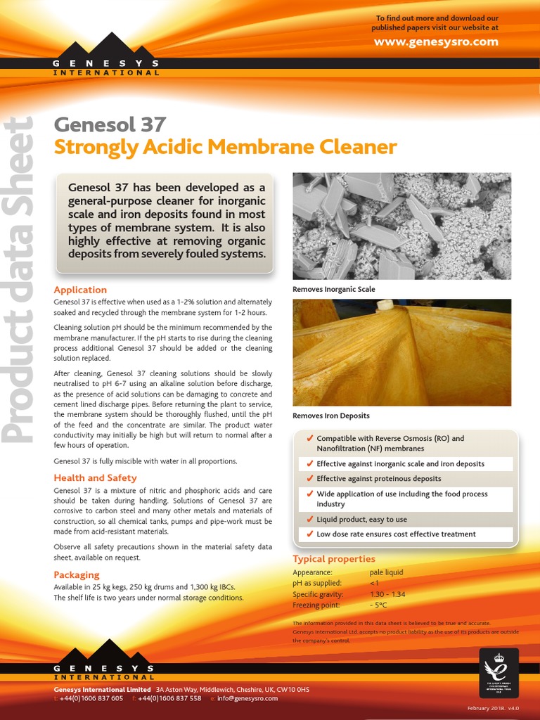Genesol 37: Strongly Acidic Membrane Cleaner | PDF | Membrane ...