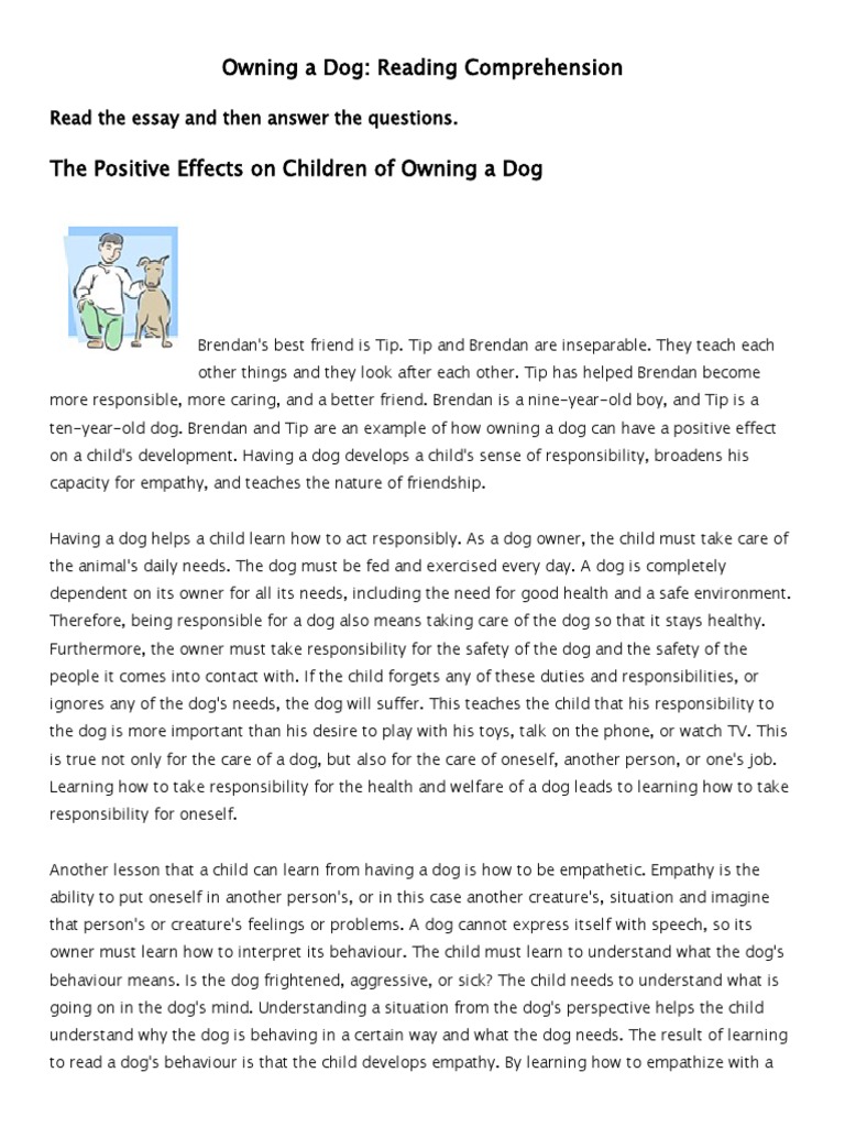 Owning A Dog: Reading Comprehension: Read The Essay and Then Answer The ...