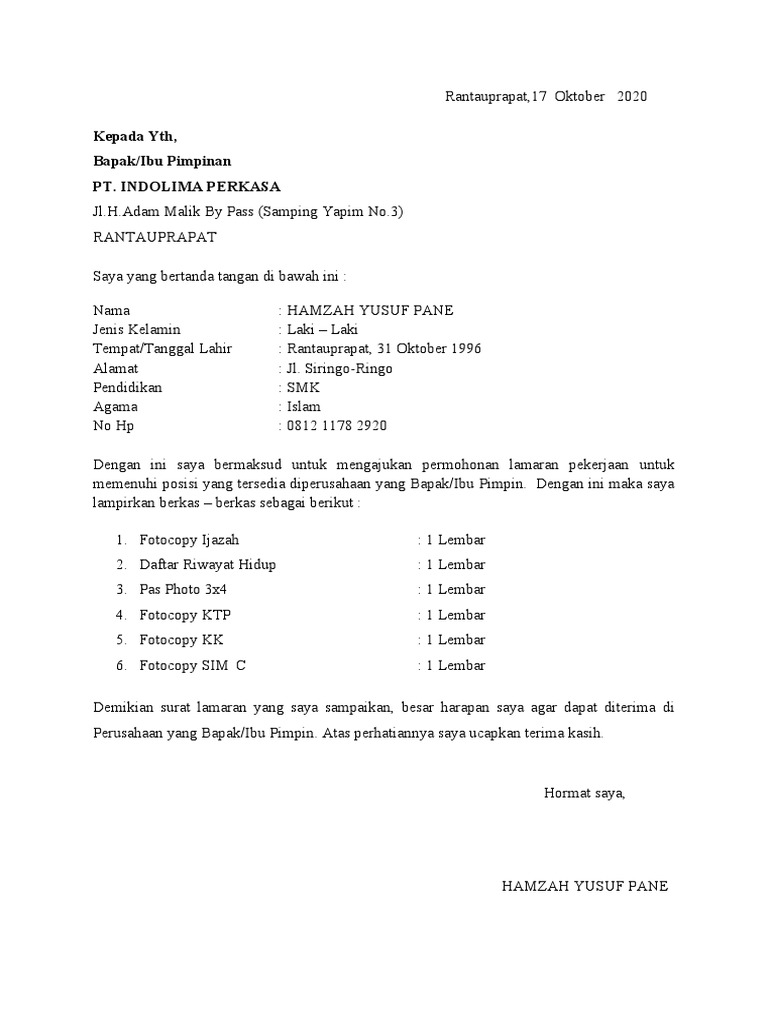 "Lamaran Pekerjaan: CV Hamzah Yusuf Pane" | PDF