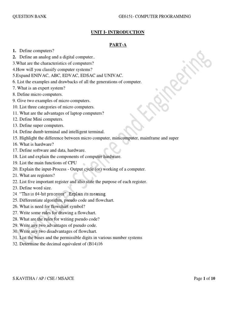Unit I-Introduction Part-A 1. Define Computers? 2. Define An Analog and A Digital Computer ...