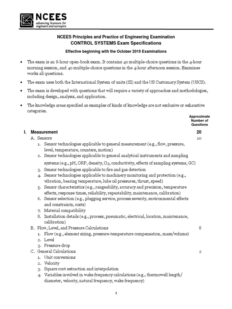 Control Systems Exam Specifications: NCEES Principles and Practice of Engineering Examination ...