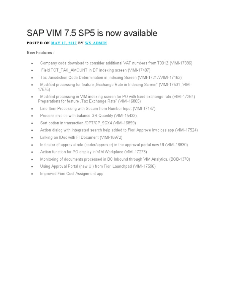 SAP VIM 7.5 SP5 Is Now Available: New Features | PDF | Finance & Money ...