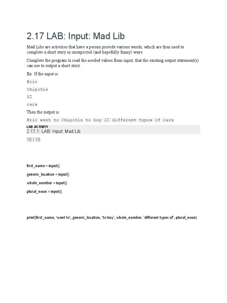 2.17 LAB Input Mad Lib | PDF | Computers