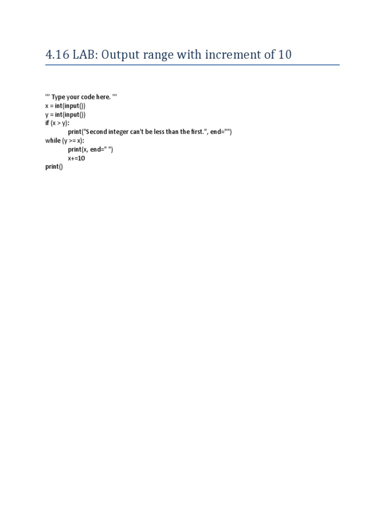 4.16 LAB: Output Range With Increment of 10 | PDF