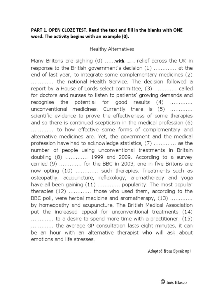 PART 1. OPEN CLOZE TEST. Read The Text and Fill in The Blanks With ONE ...