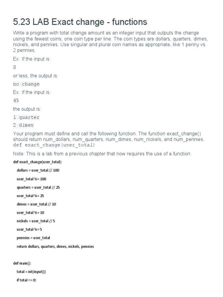 5.23 LAB Exact Change - Functions | PDF 5.23 LAB Exact Change - Functions | PDF