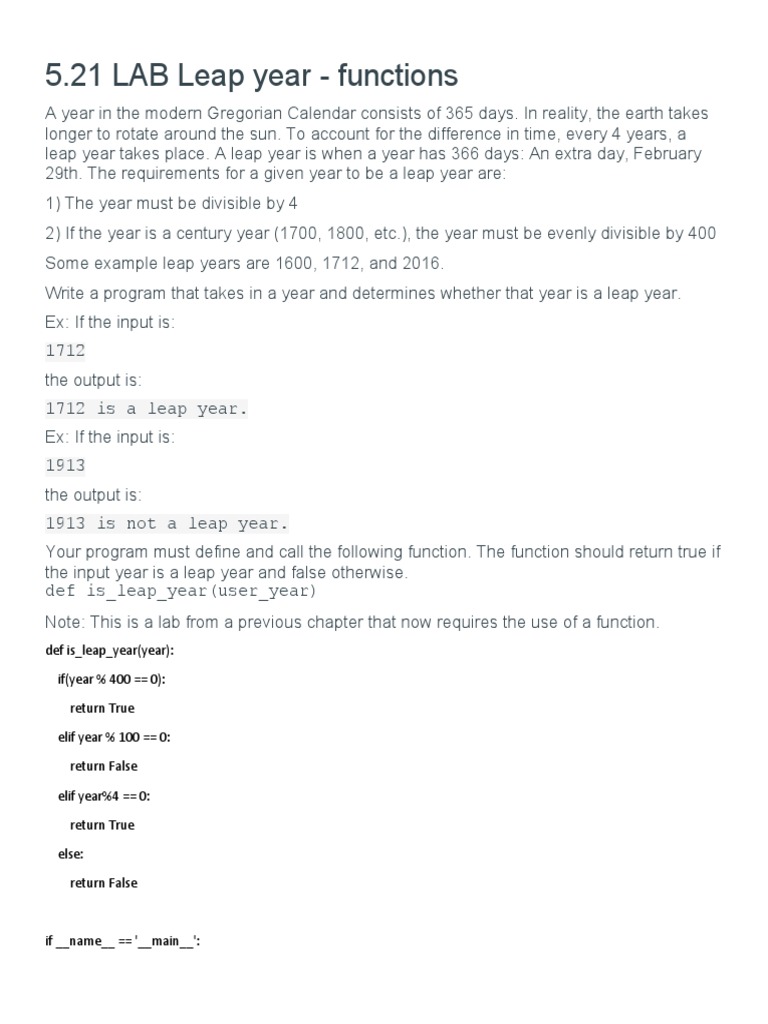 5.21 LAB Leap Year - Functions | PDF