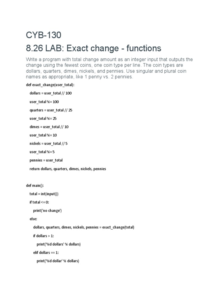 CYB-130 8.26 LAB: Exact Change - Functions | PDF