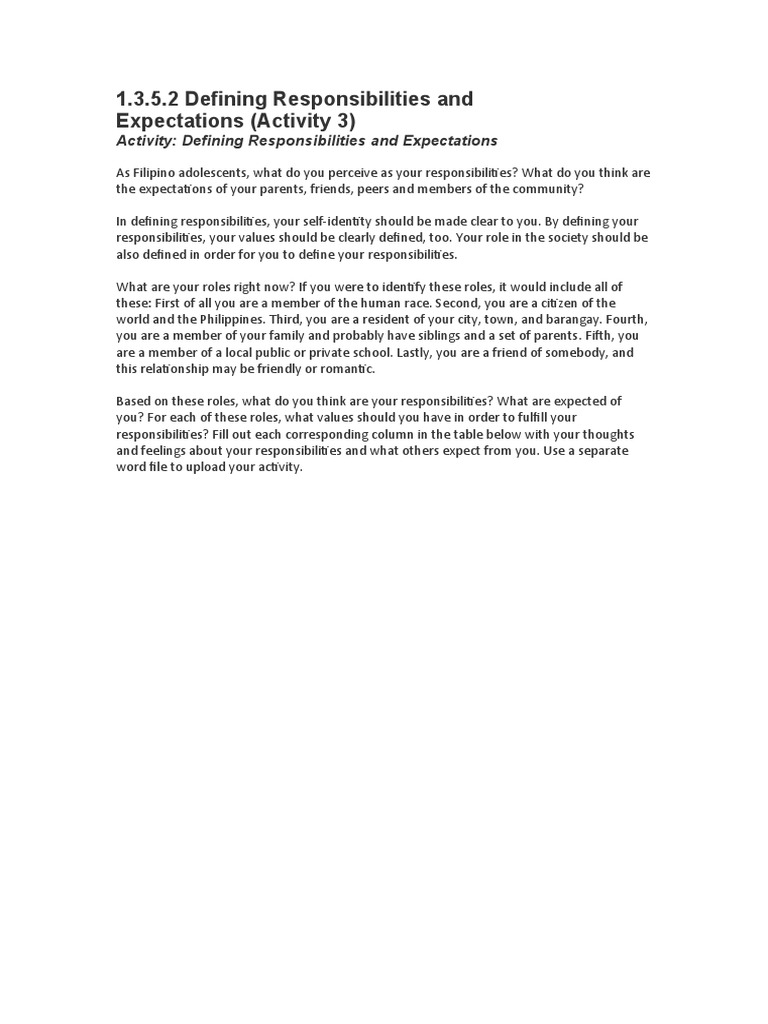 1.3.5.2 Defining Responsibilities and Expectations (Activity 3) | PDF ...
