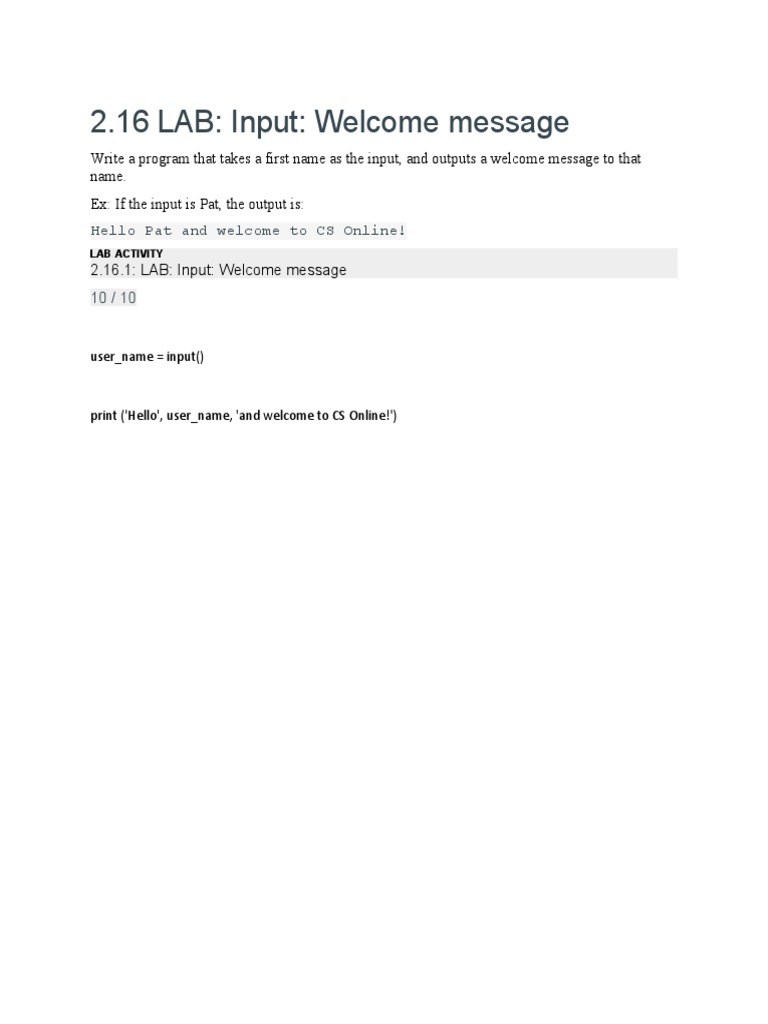 2.16 LAB Input Welcome Message | PDF