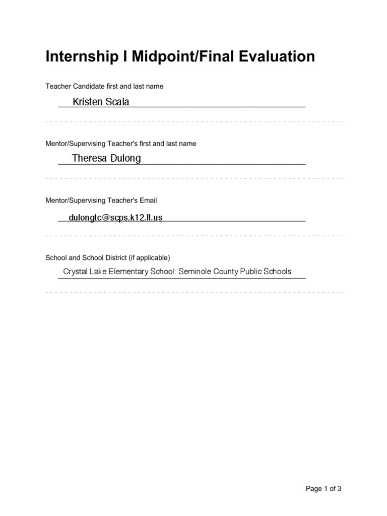 Internship I Midpoint-Final Evaluation f20 5 - 1 | PDF | Reflective ...
