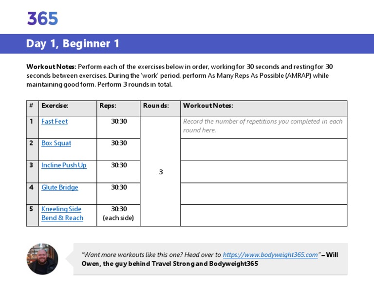 Day 1, Beginner 1: Workout Notes: Perform Each of The Exercises Below ...