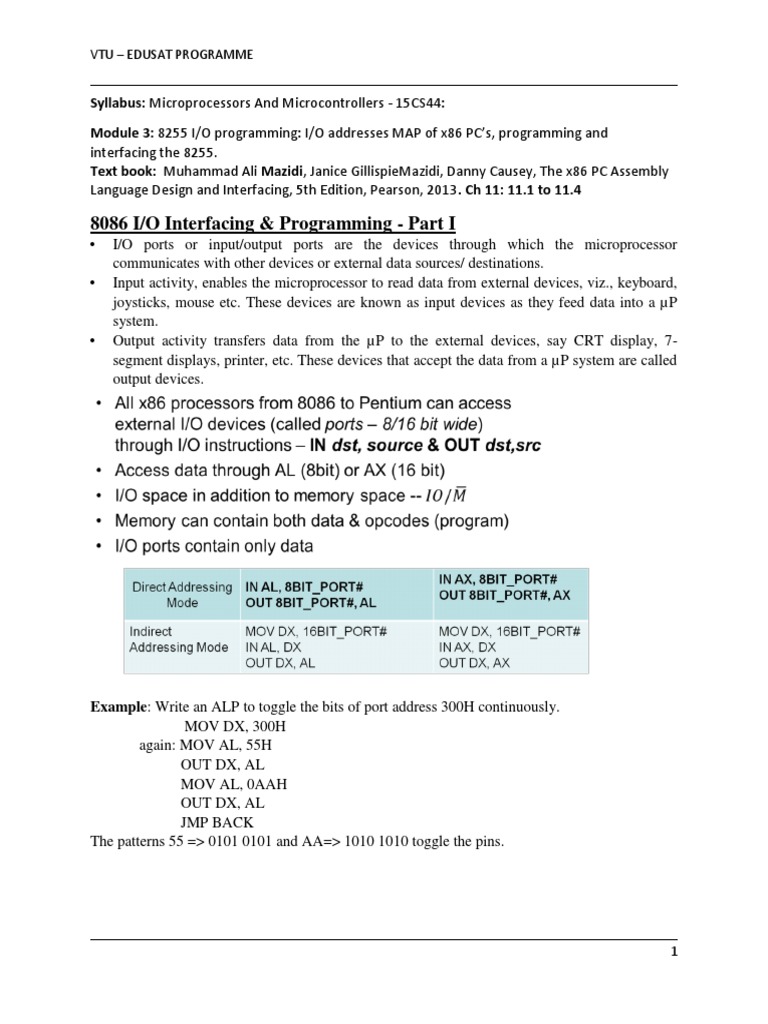 8086 I/O Interfacing & Programming - Part I: Vtu - Edusat Programme | PDF | Input/Output ...
