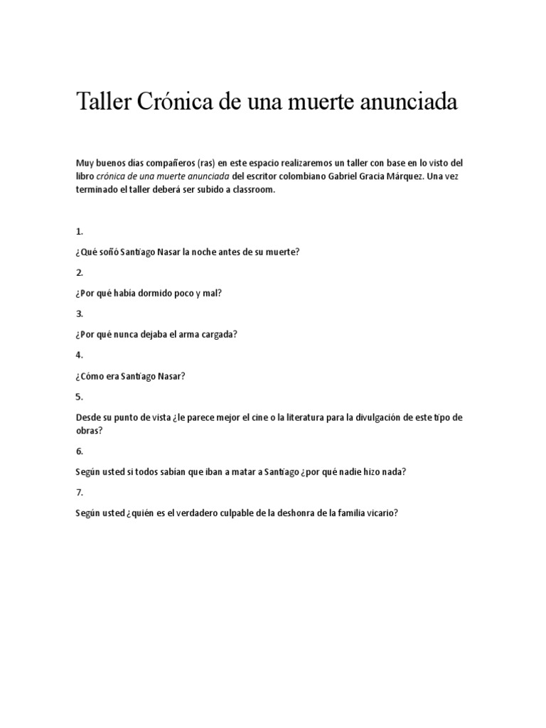 Taller Crónica de Una Muerte Anunciada | PDF