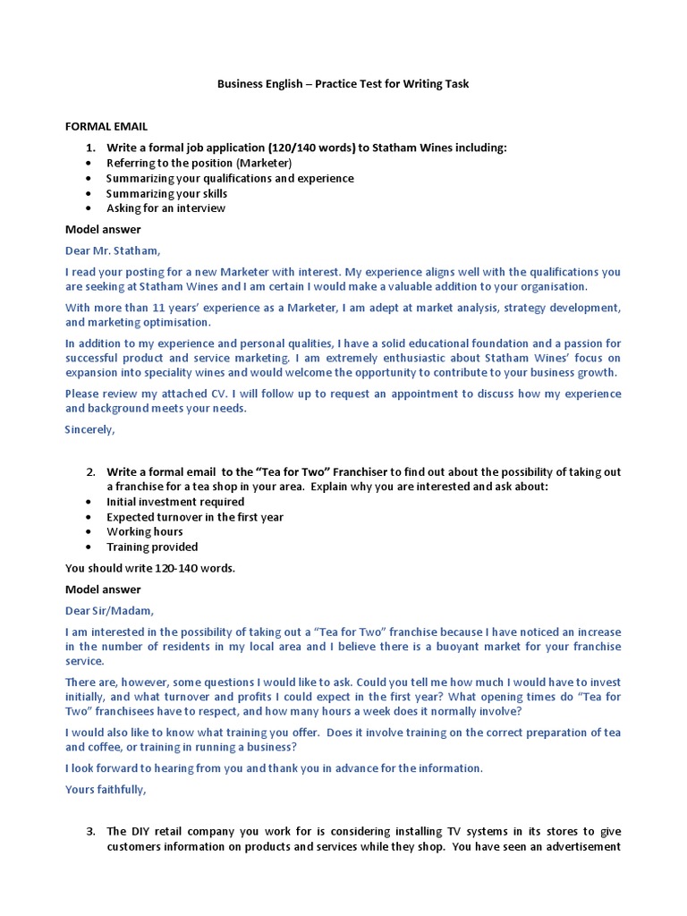 Business English - Practice Test For Writing Task | Download Free PDF ...