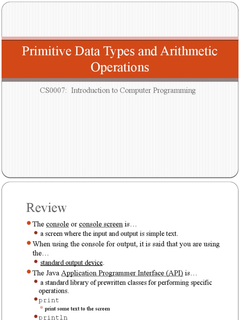 Primitive Data Types And Arithmetic Operations Cs0007 Introduction To 