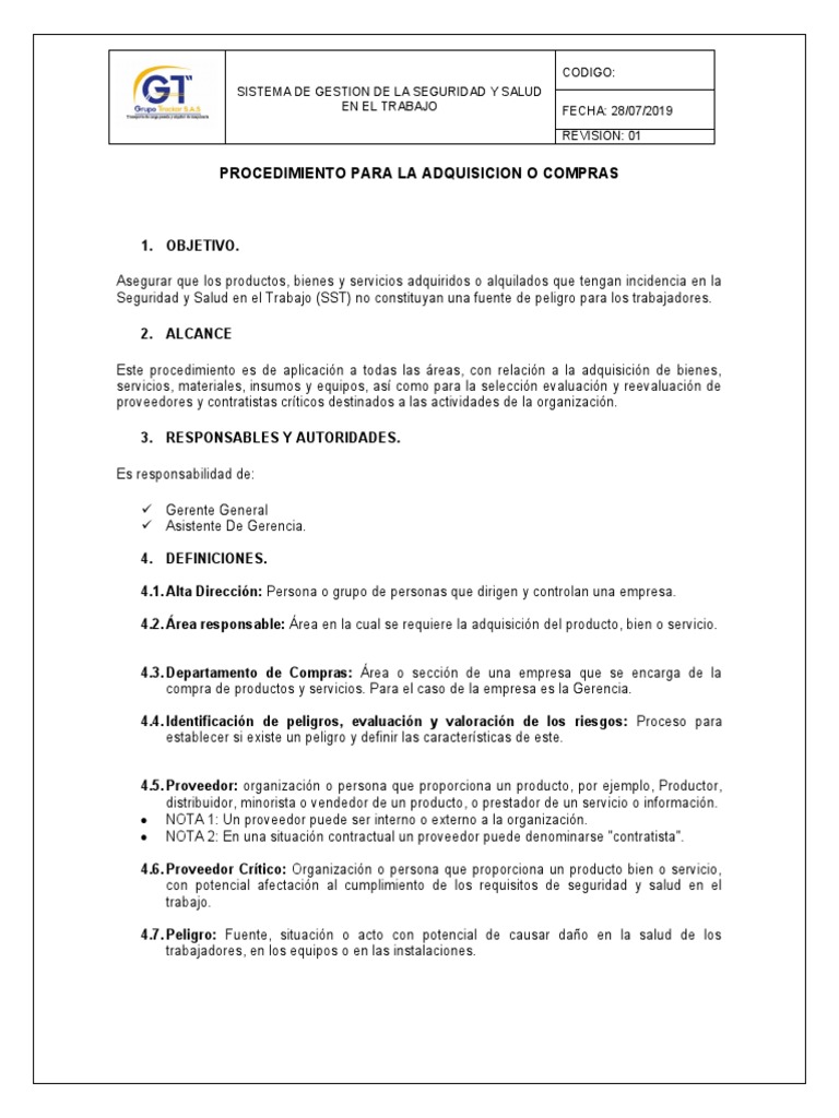Procedimiento de Adquisiciones y Compras SG-SST | PDF | Calidad (comercial) | Bienes