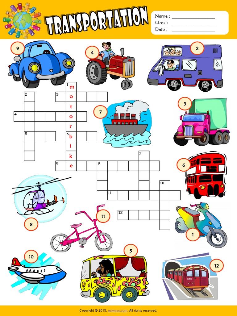 Transportation Esl Vocabulary Crossword Puzzle Worksheet For Kids | PDF