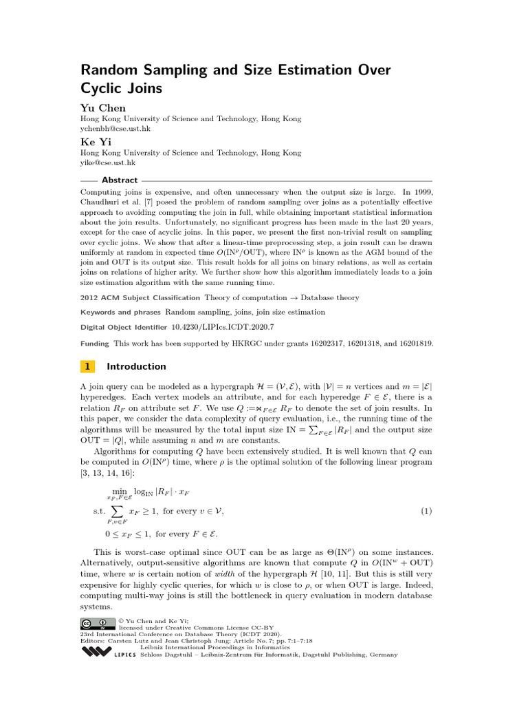 Random Sampling and Size Estimation Over Cyclic Joins: Yu Chen | PDF | Time Complexity ...