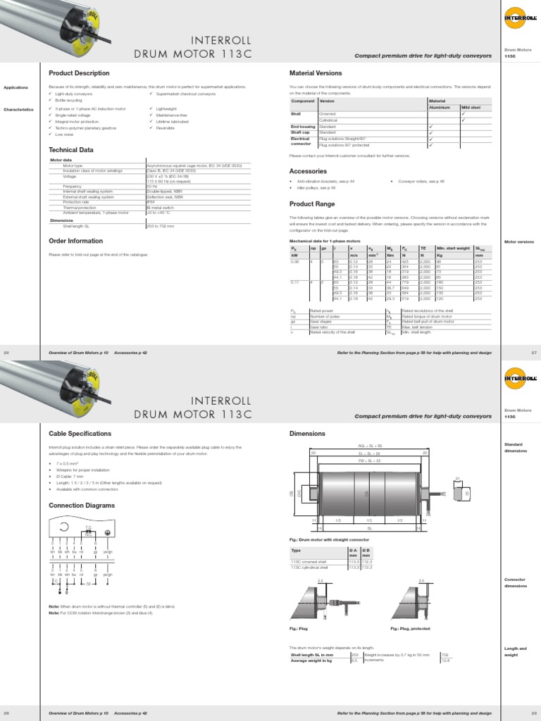 Interroll Drum Motor 113C: Material Versions Product Description | PDF ...