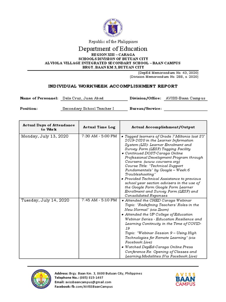 Department of Education: Individual Workweek Accomplishment Report | PDF | Educational ...