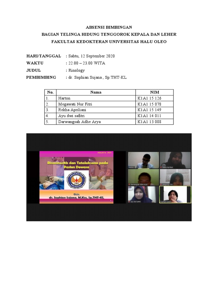 ABSENSI DAN FOTO BIMBINGAN - Dr. Sophian Sujana, SP - THT-KL (12-09-2020) | PDF