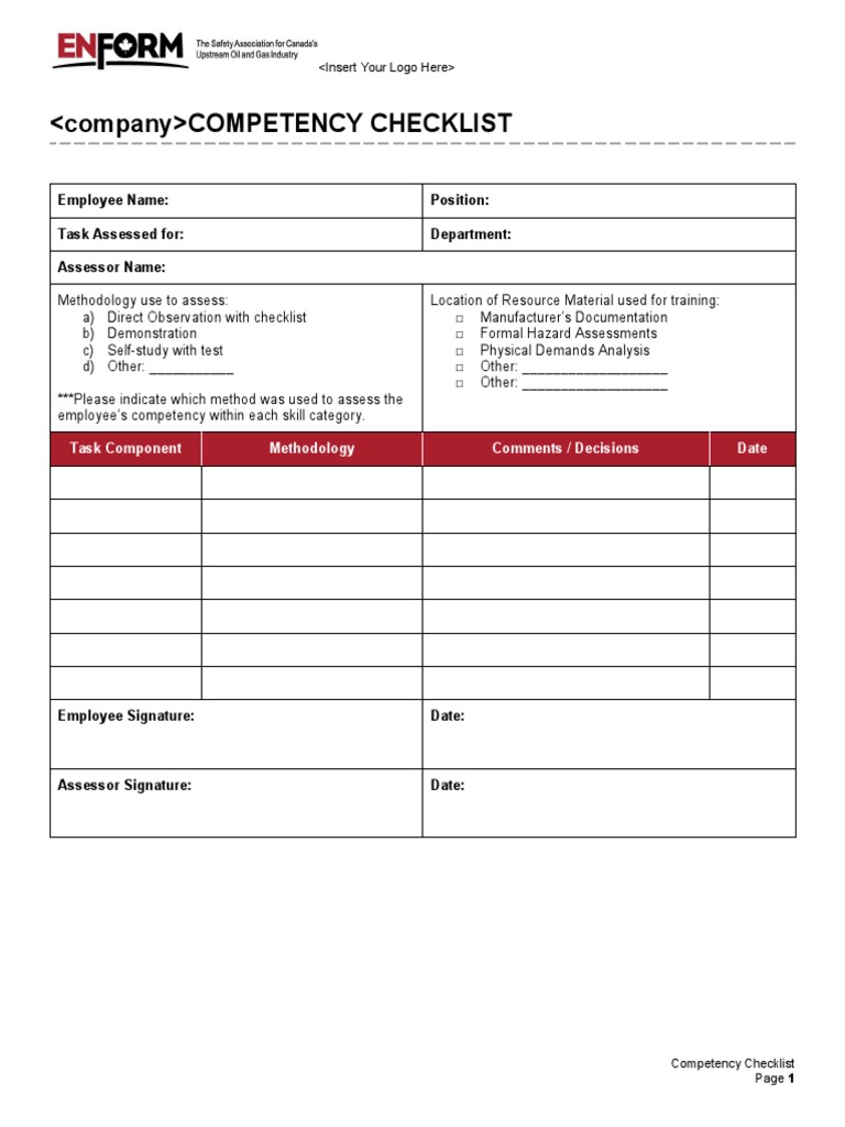 Competency Checklist: Employee Name: Position: Task Assessed For ...
