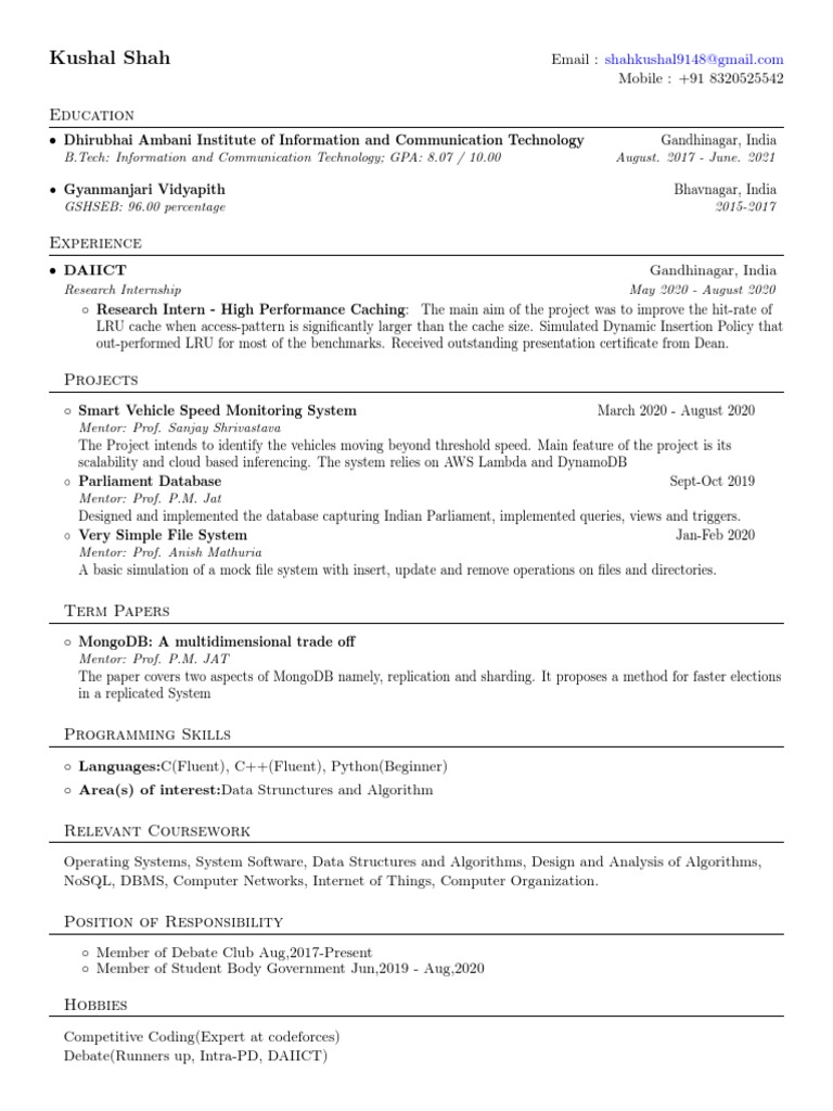 Resume Kushal PDF | PDF | Databases | Cache (Computing)