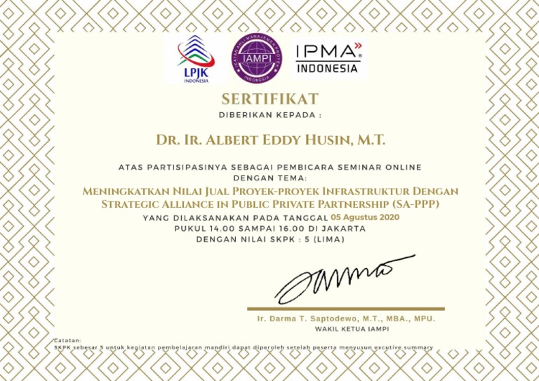 Sertifikat Narasumber - Dr. Ir. Albert Eddy Husin, M.T. | PDF