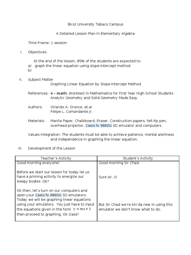 Lesson Plan: Graphing Linear Equations | PDF | Mathematical Objects ...