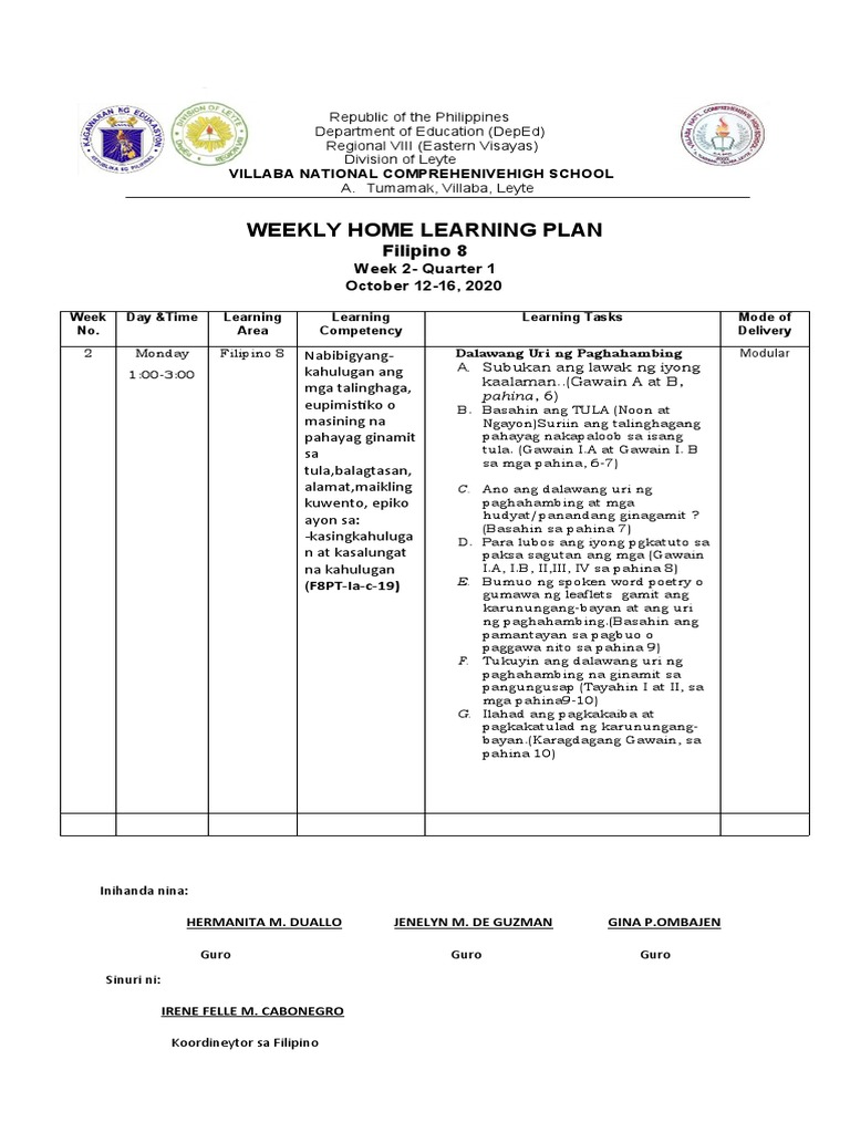 WEEK 2 Filipino 8 Weekly Home Learning Plan | PDF