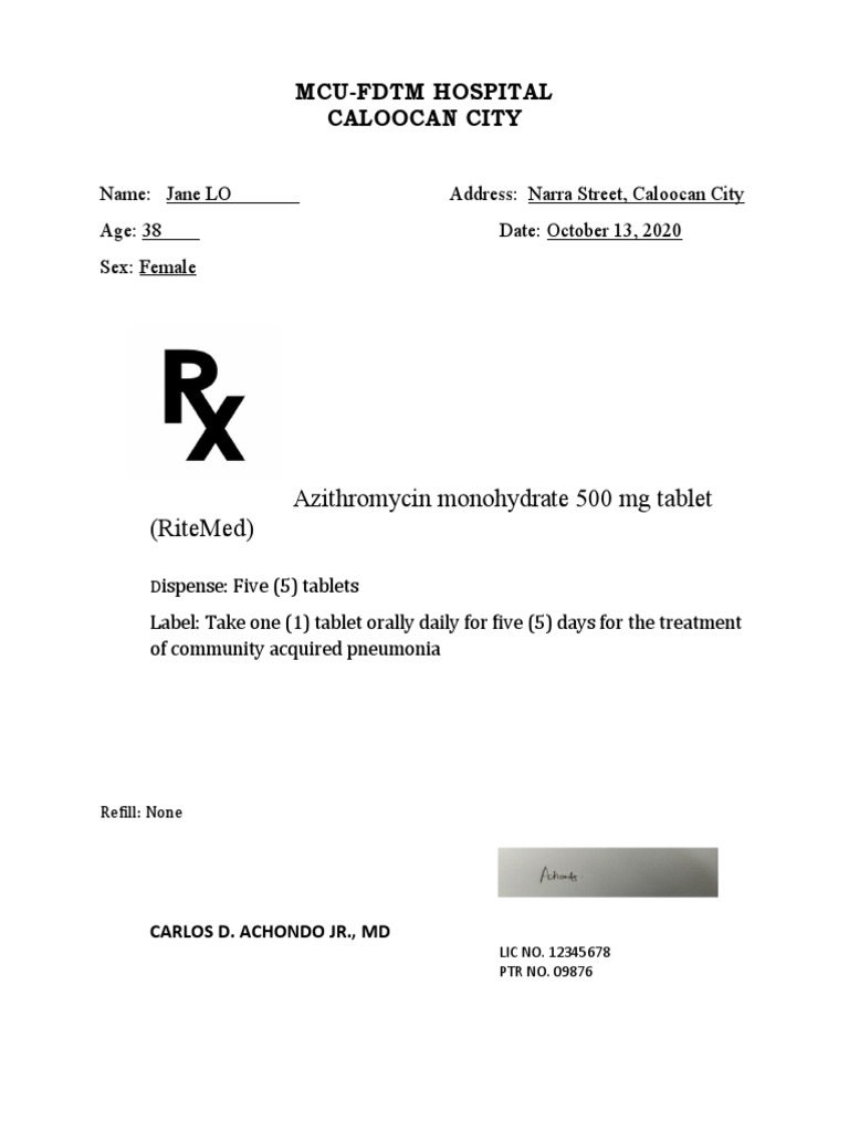 Azithromycin Monohydrate 500 MG Tablet (Ritemed) : Mcu-Fdtm Hospital ...