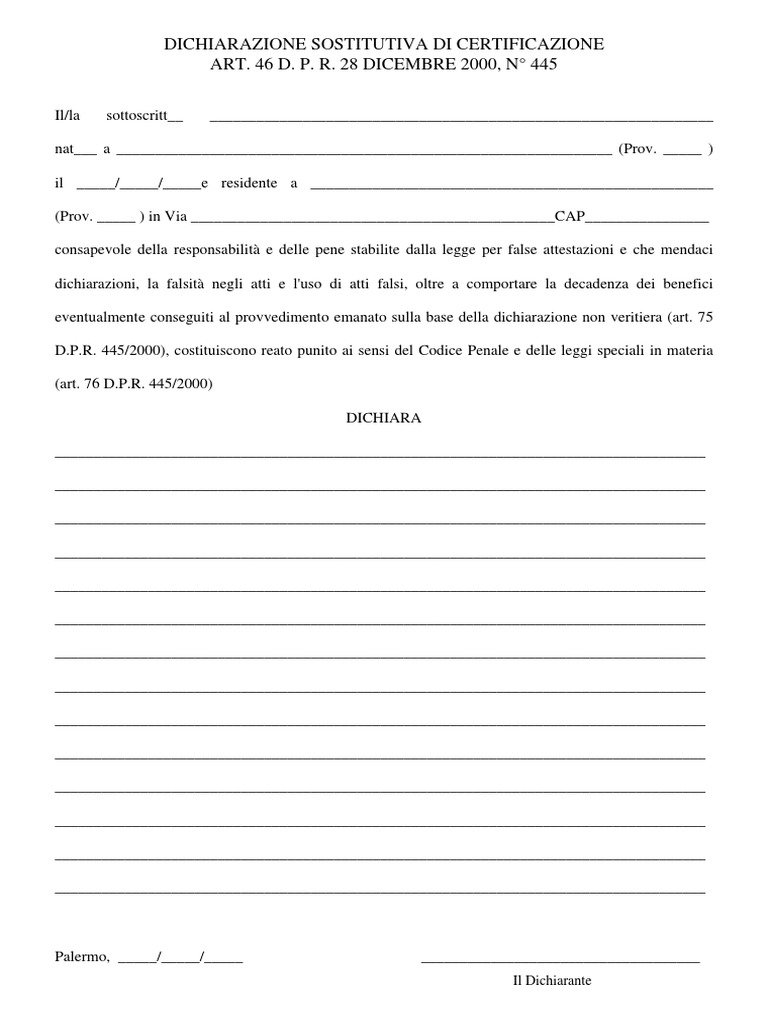 Dichiarazione Sostitutiva Di Certificazione PDF | PDF