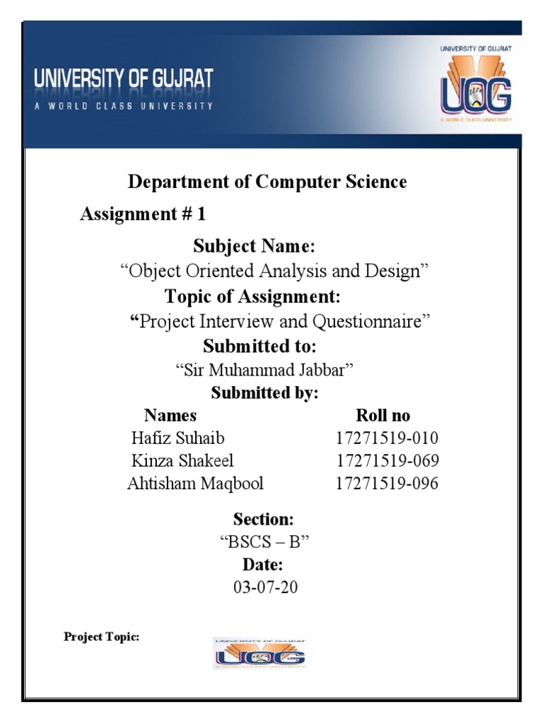 Department Of Computer Science Assignment 1 Subject Name Topic Of Assignment Project
