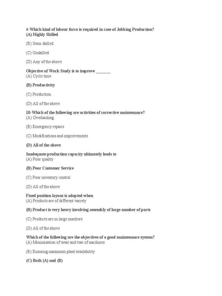 Multiple Choice Questions on Production and Operations Management ...