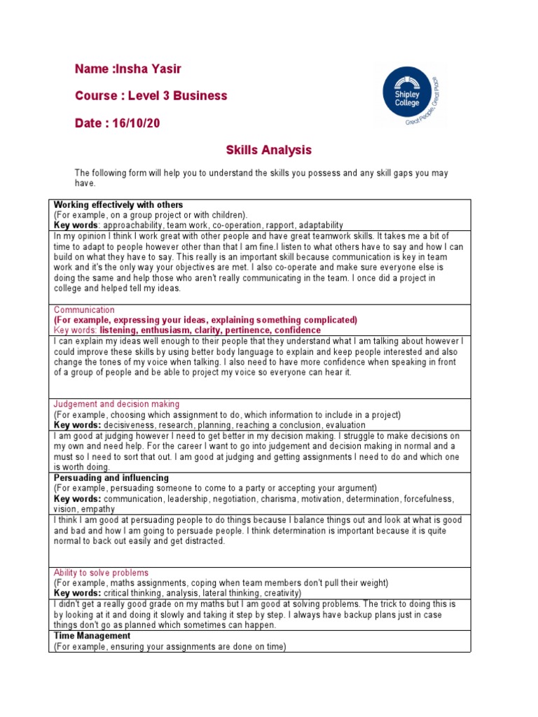 Skills Analysis | PDF | Decision Making | Cognition