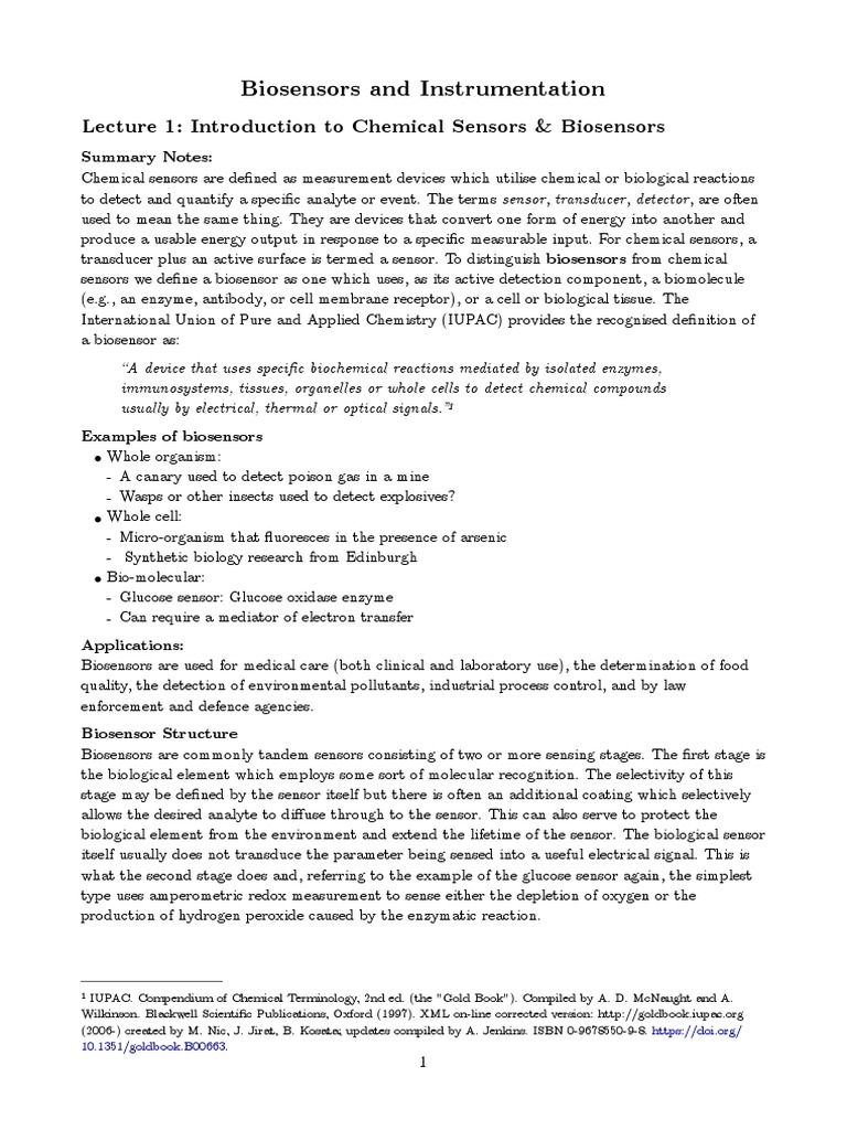 Biosensors and Instrumentation: Lecture 1: Introduction To Chemical Sensors & Biosensors | PDF ...