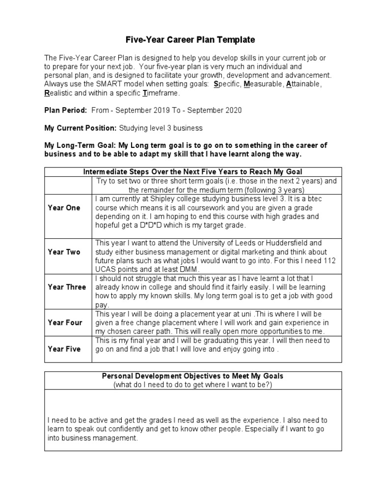 Five-Year Career Plan Template | PDF | Goal | Applied Psychology