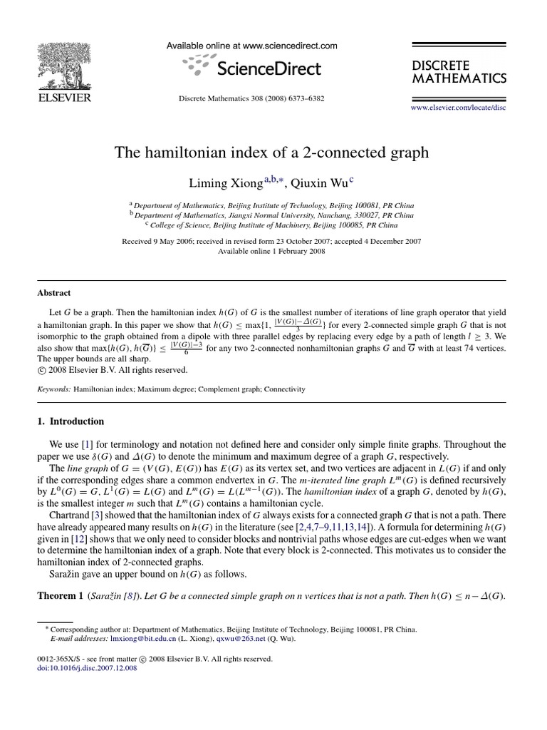The Hamiltonian Index of A 2-Connected Graph: Liming Xiong, Qiuxin Wu | PDF | Vertex (Graph ...