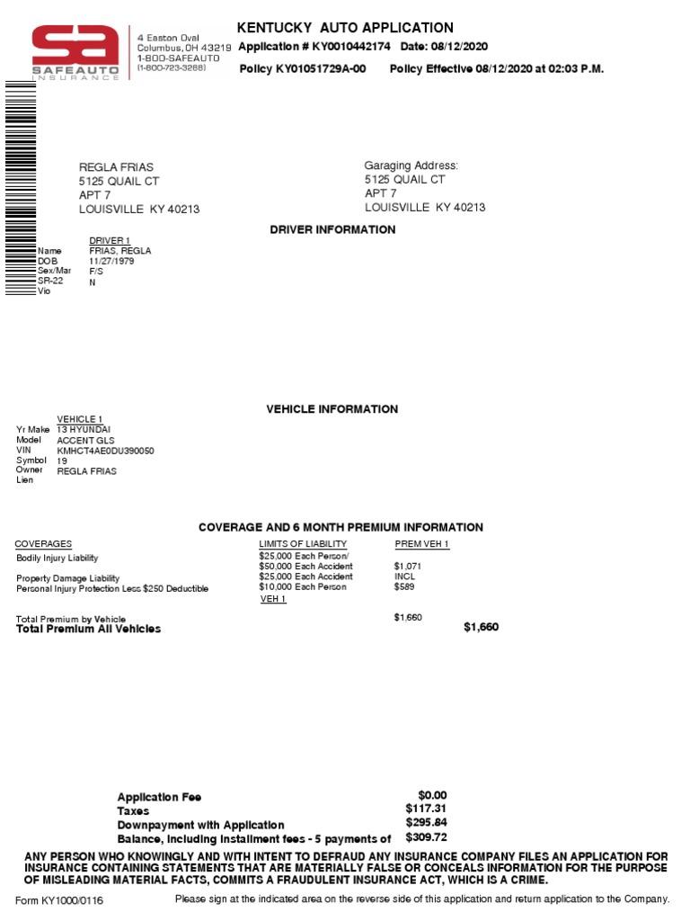 KY Auto Insurance Application | PDF | Vehicle Insurance | Payments