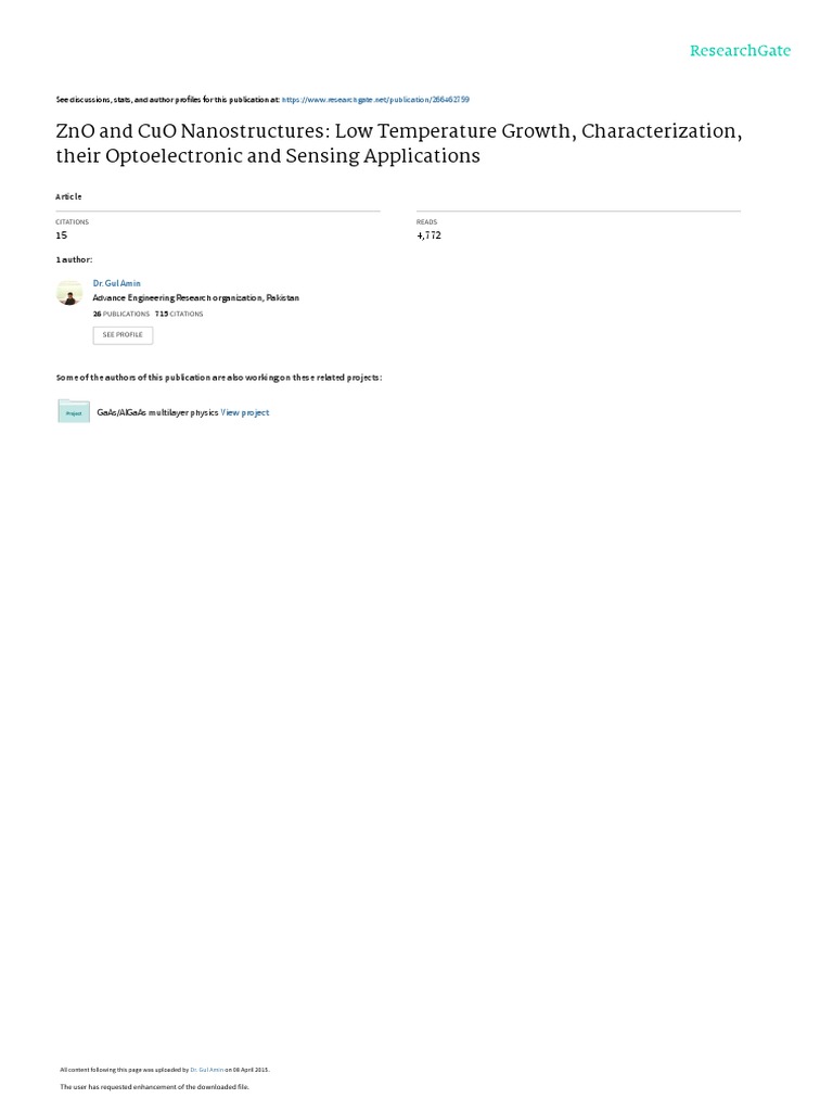 ZnO and CuO Nanostructures Low Temperature Growth PDF | PDF | Zinc Oxide | Biosensor
