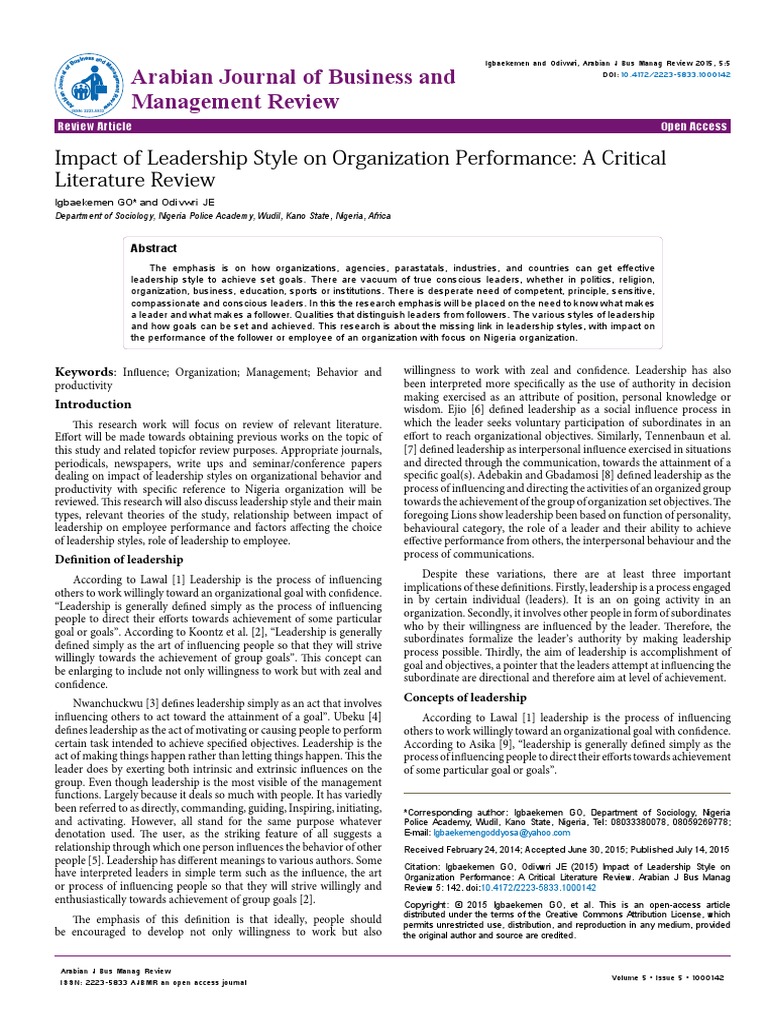 Impact of Leadership Style On Organization Performance A Critical ...