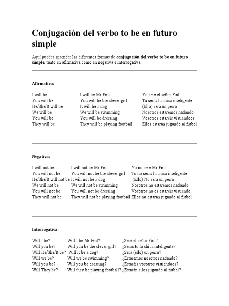 Conjugación Del Verbo To Be en Futuro Simple | PDF