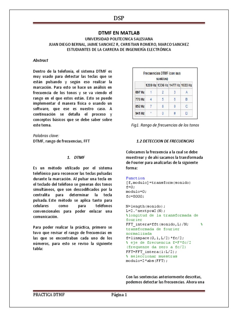 Dtmf In Matlab Pdf Teléfono Frecuencia
