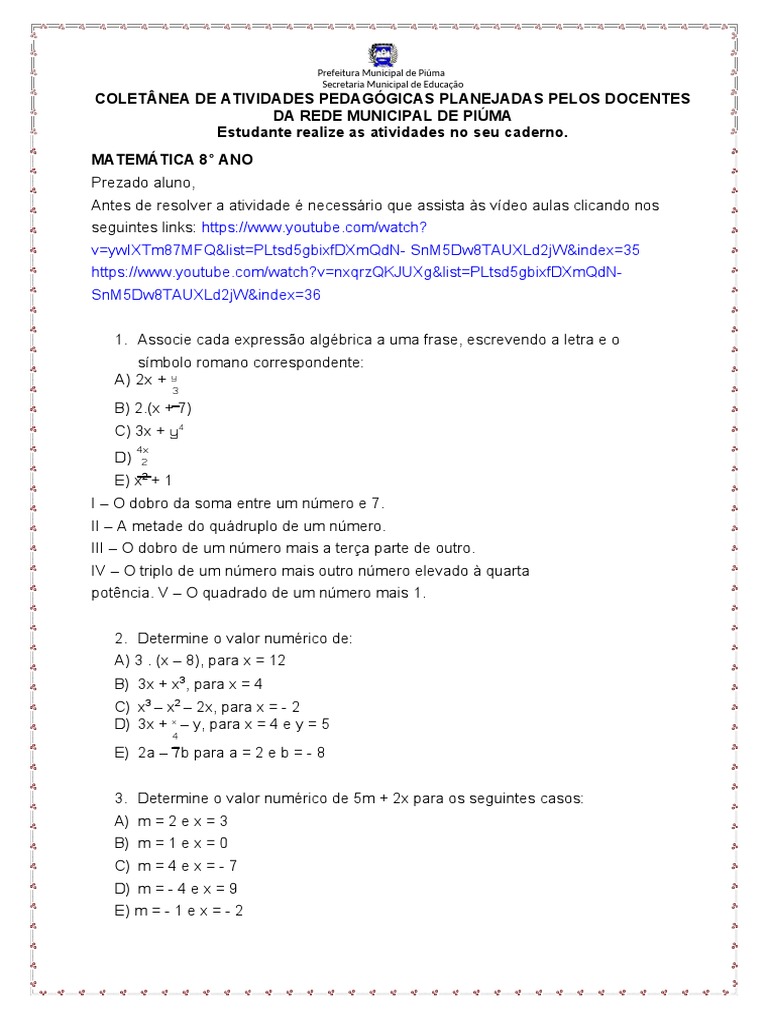 Atividades de Matemática 8º Ano | PDF