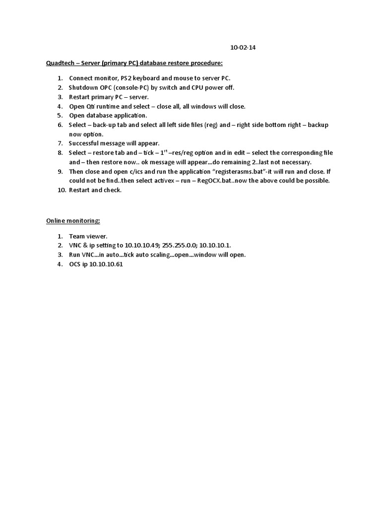 Quadtech - Server (Primary PC) Database Restore Procedure | PDF