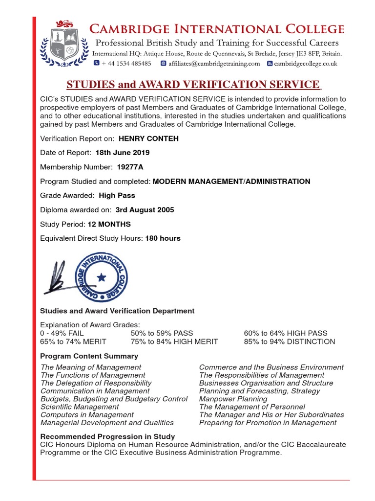 Studies and Award Verification Service: Henry Conteh | PDF | Human ...