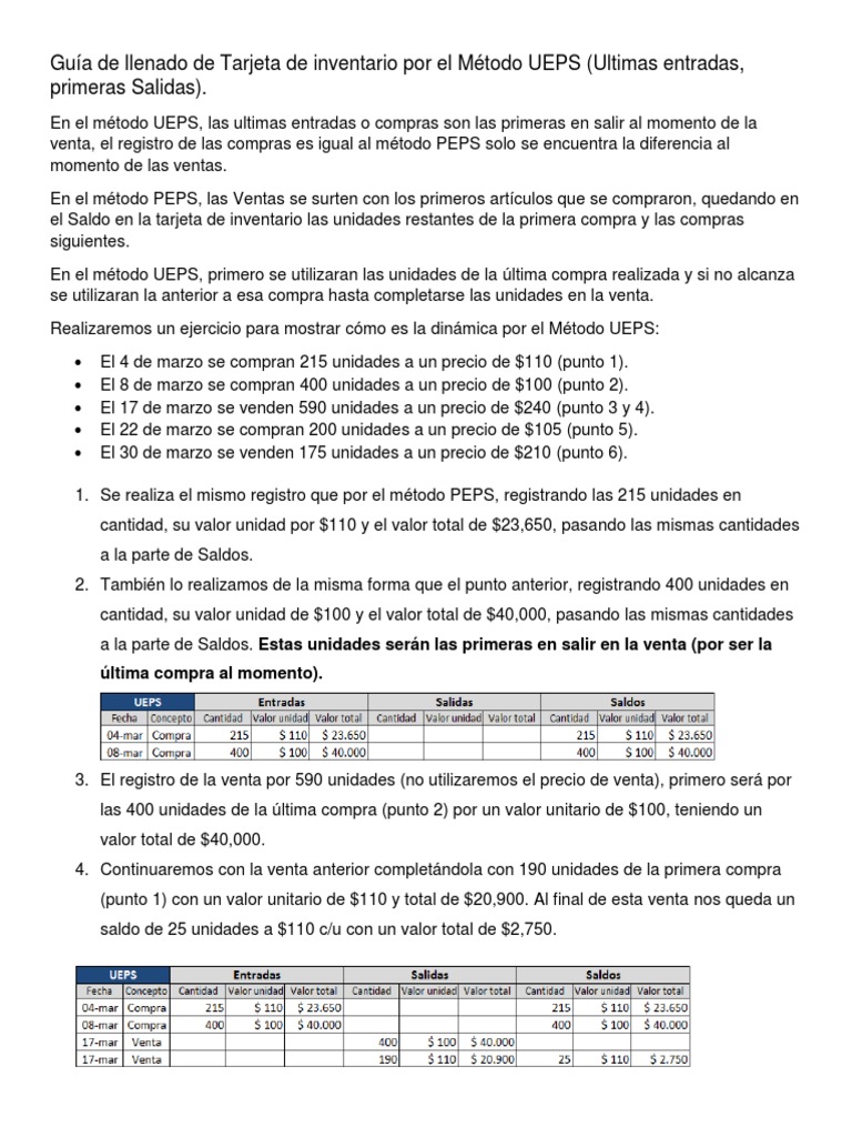 Guía de llenado: Método UEPS | PDF | Contabilidad | Economias