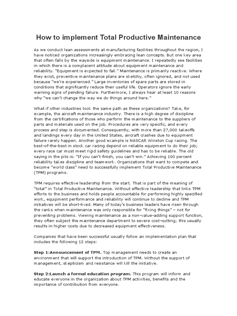 TPM-How To Implement Total Productive Maintenance | PDF | Reliability ...